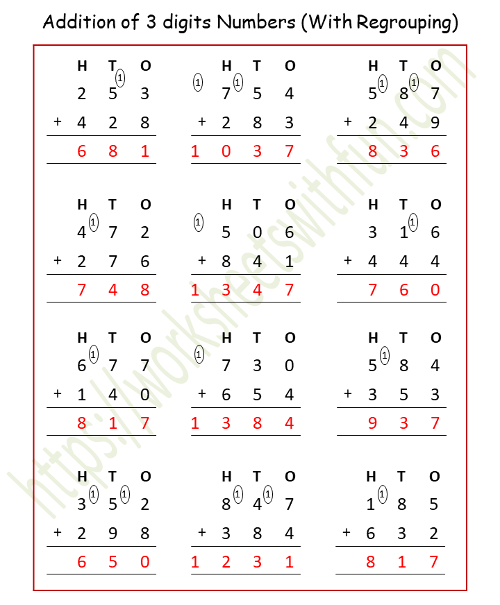 Adding 3 Digit Numbers With Regrouping Worksheets